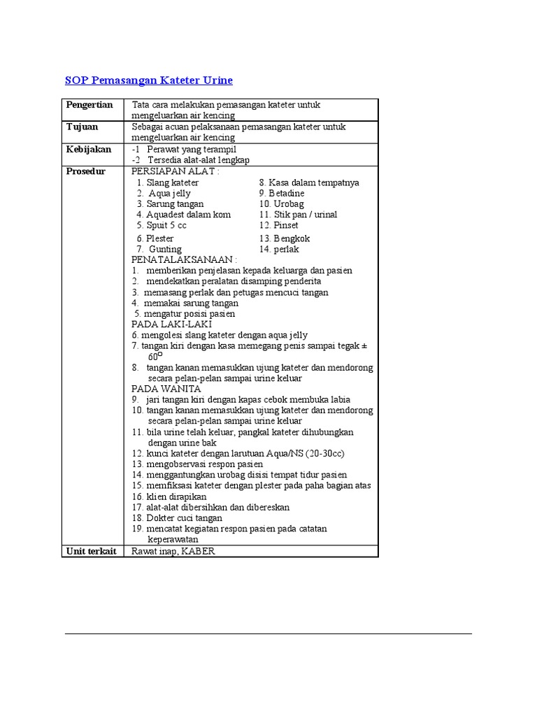 SOP Pasang Kateter, NGT, Infus | PDF