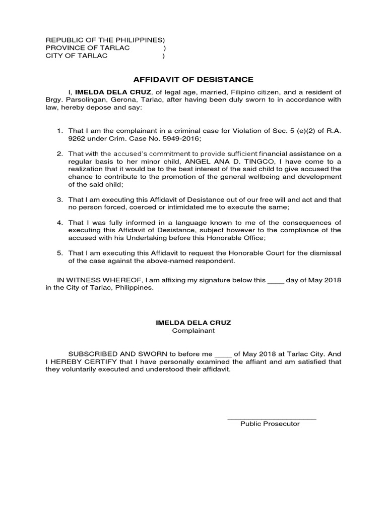 Affidavit of Desistance Example | PDF