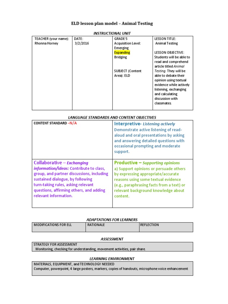 ELD Lesson Plan Model - Animal Testing: Collaborative | PDF | Reading ...