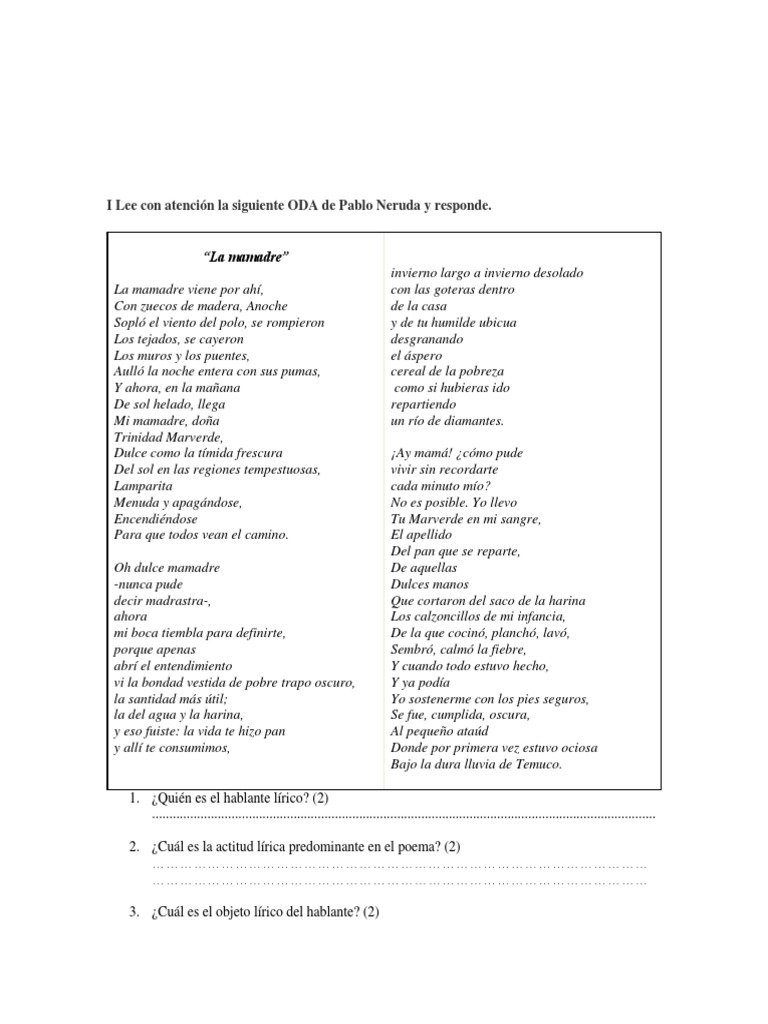 I Lee Con Atención La Siguiente ODA de Pablo Neruda y Responde | PDF ...