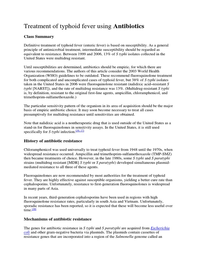 Treatment of Typhoid Fever Using Antibiotics: Class Summary | PDF ...