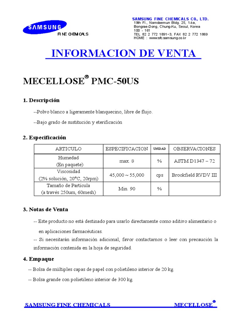 TDS MECELLOSE PMC 50US - Es PDF | PDF