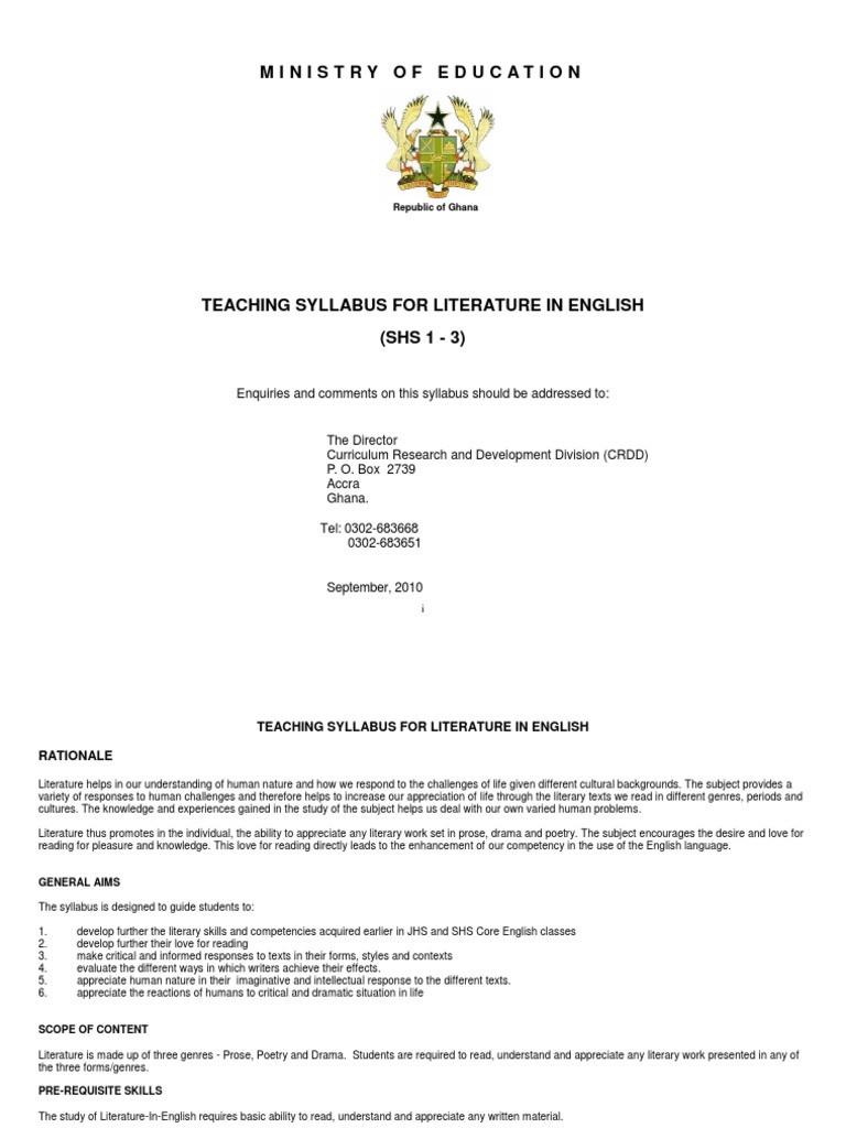 SHS Literature in English Syllabus | PDF | Educational Assessment | Poetry