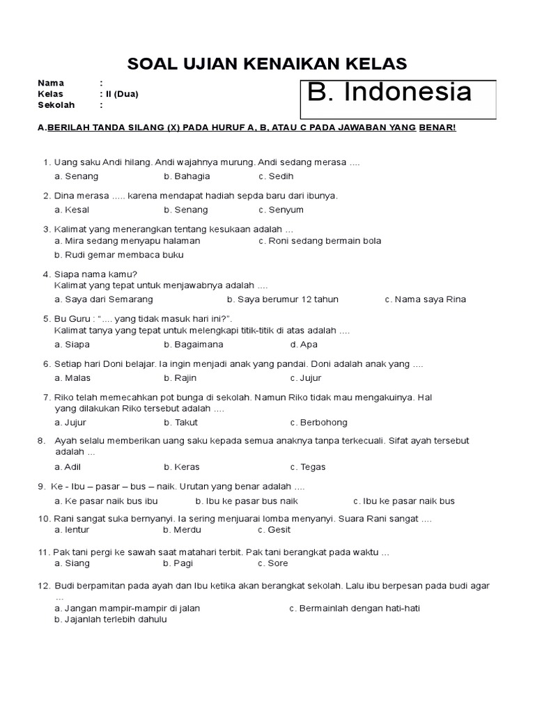 Soal UAS Bahasa Indonesia Kelas 2 SD Semester 2 Dan Kunci Jawaban | PDF