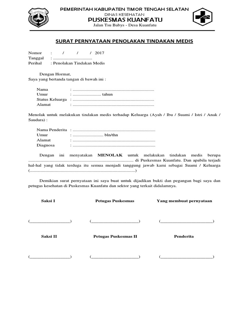 Surat Pernyataan Penolakan TIndakan Medis | PDF