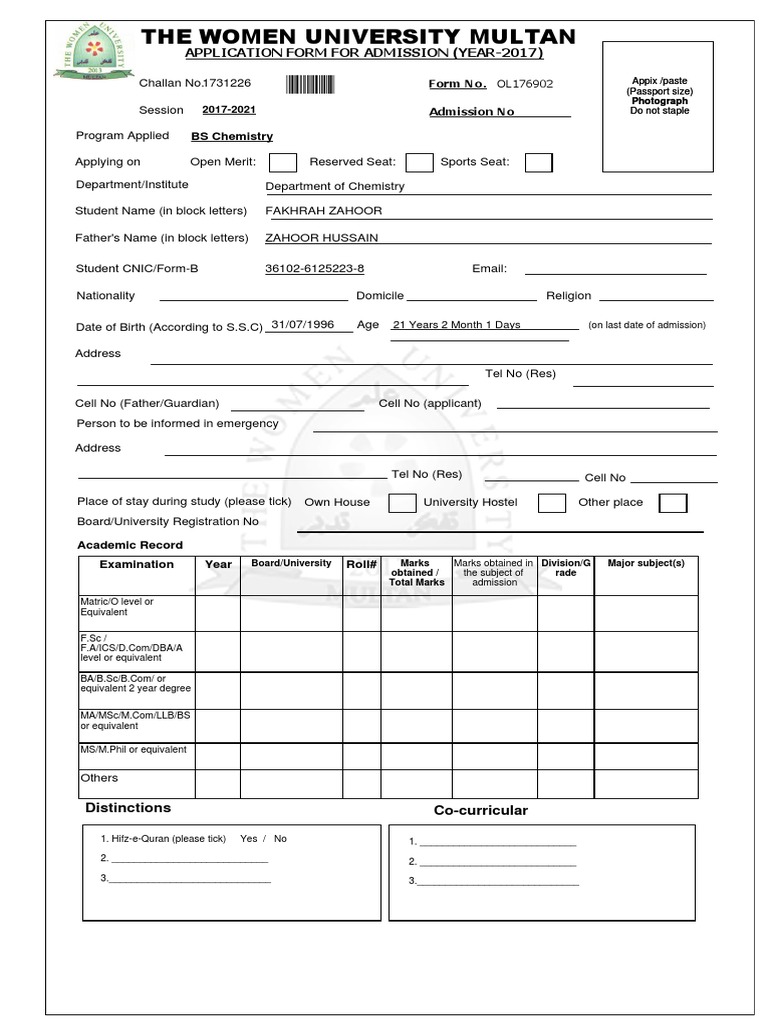 The Women University Multan: Application Form For Admission (Year-2017 ...