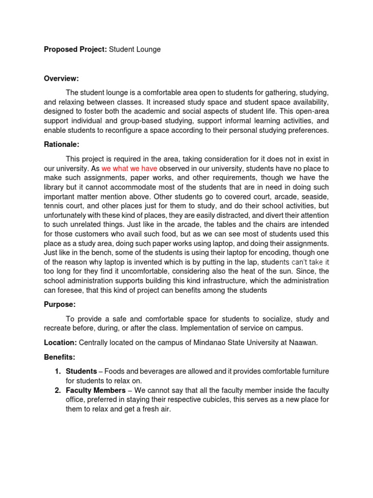 Proposed Project: Student Lounge: We What We Have | PDF | Change ...