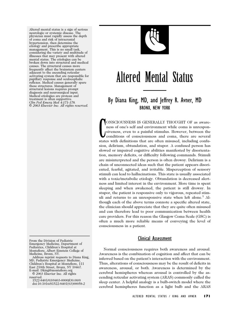 Altered Mental Status: by Diana King, MD, and Jeffrey R. Avner, MD ...