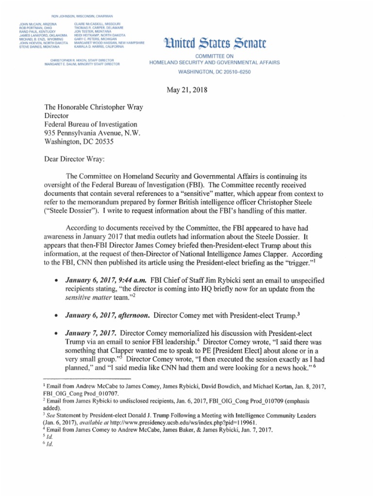 Ron Johnson Letter to FBI Director Wray - Re Steele Dossier