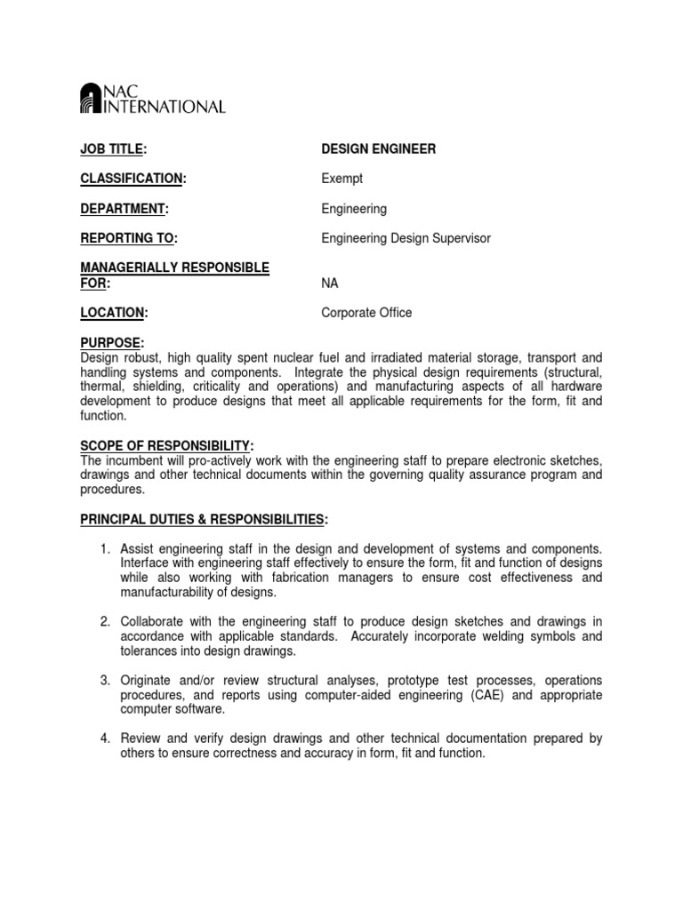 Job Title: Design Engineer Classification: Department: Reporting To ...