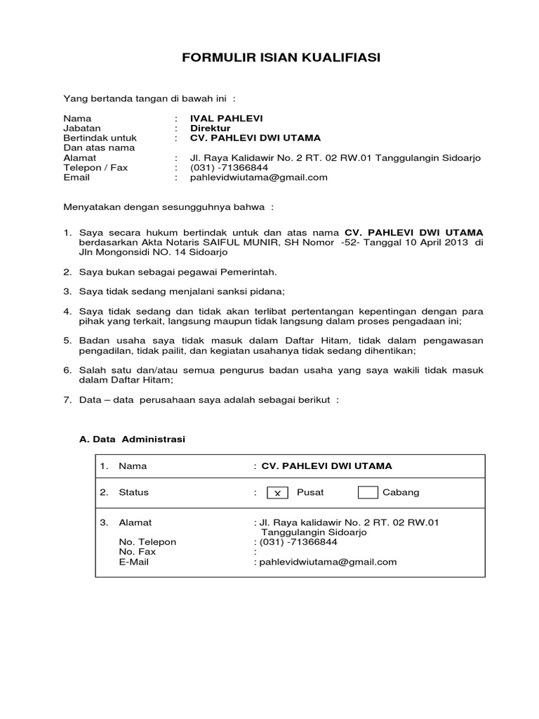 Formulir Isian Kualifiasi: Ival Pahlevi Direktur Cv. Pahlevi Dwi Utama ...