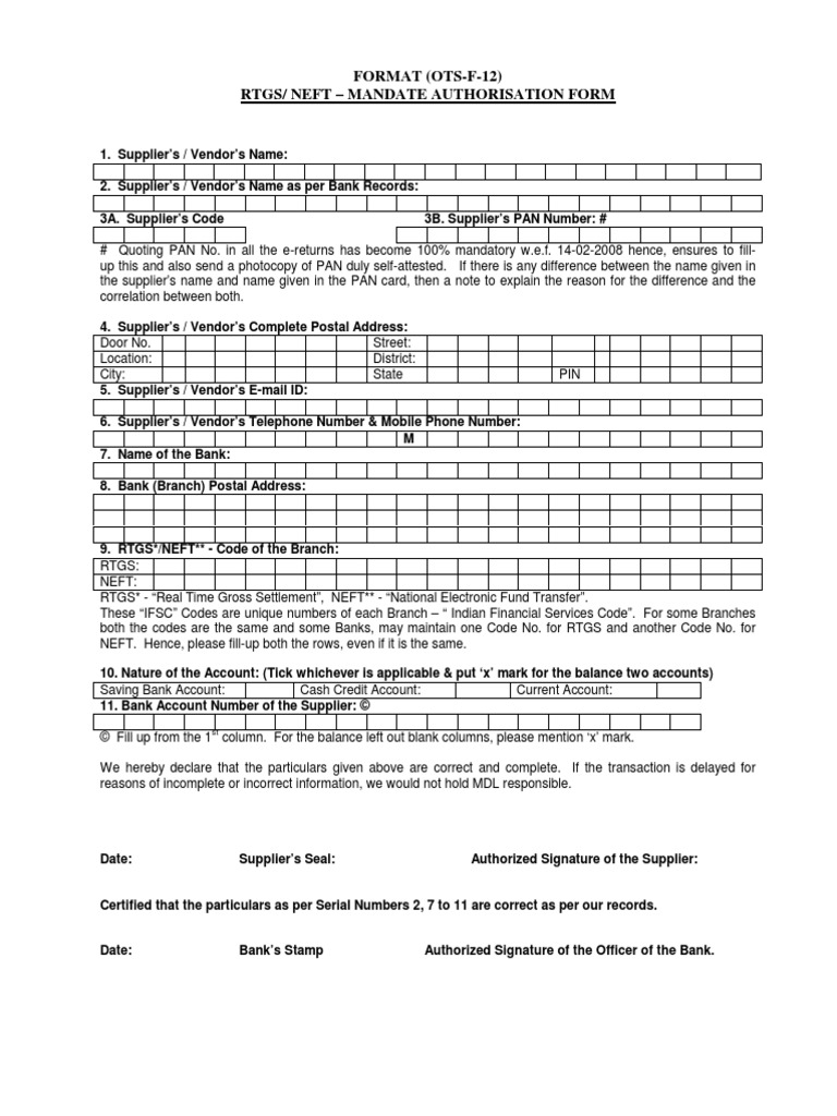 FORMAT (OTS-F-12) RTGS/ Neft - Mandate Authorisation Form | PDF