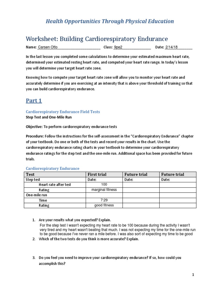 Carsen Otto - Worksheet Building Cardiorespiratory Endurance | PDF ...