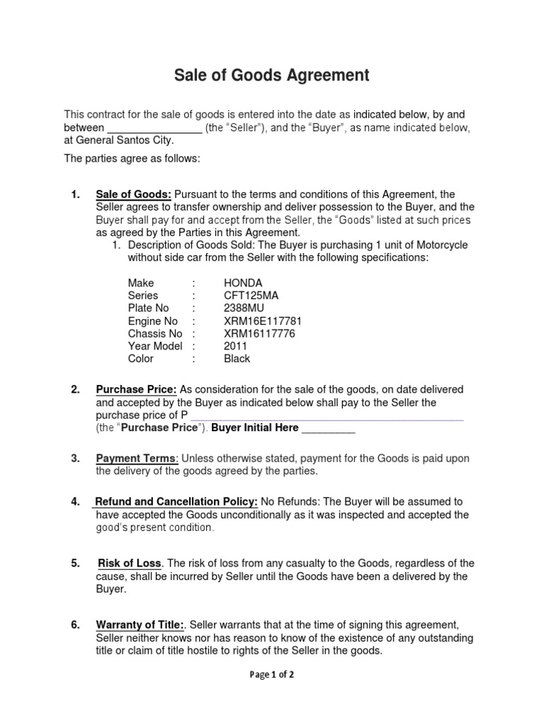 Sale of Goods Agreement | PDF | Sales | Deed