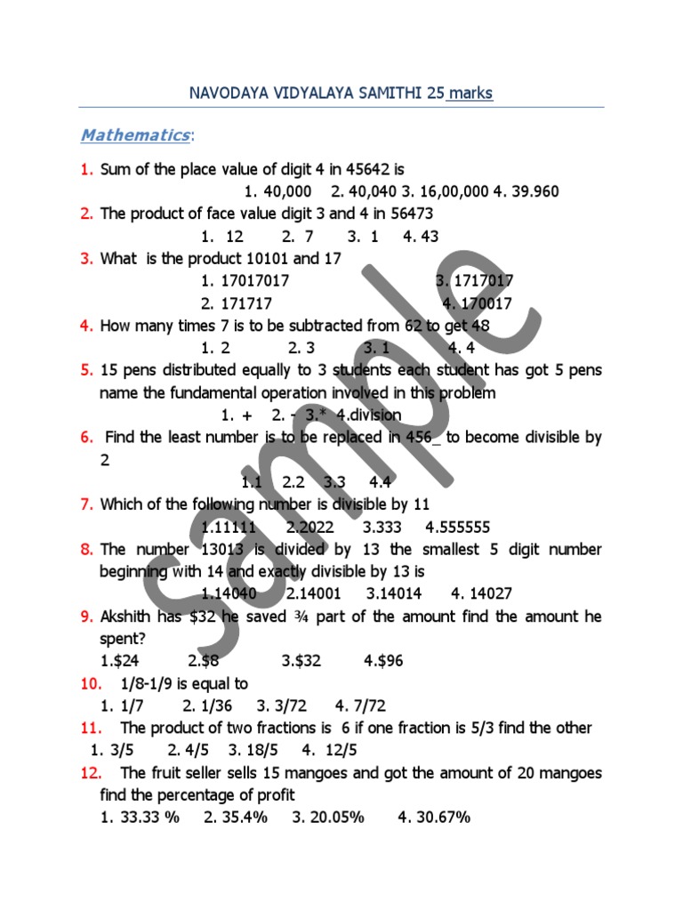 Navodaya Vidyalaya Entrance Exam Questions | PDF | Odds | Fraction ...