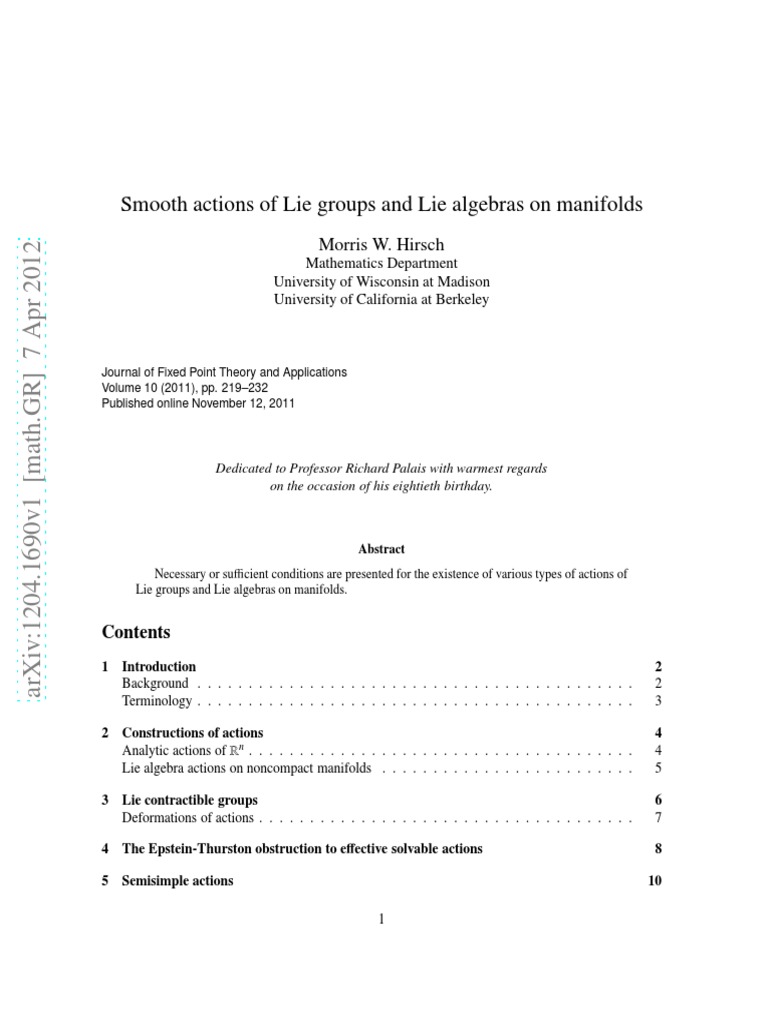Smooth Actions of Lie Groups and Lie Algebras On Manifolds: Morris W ...