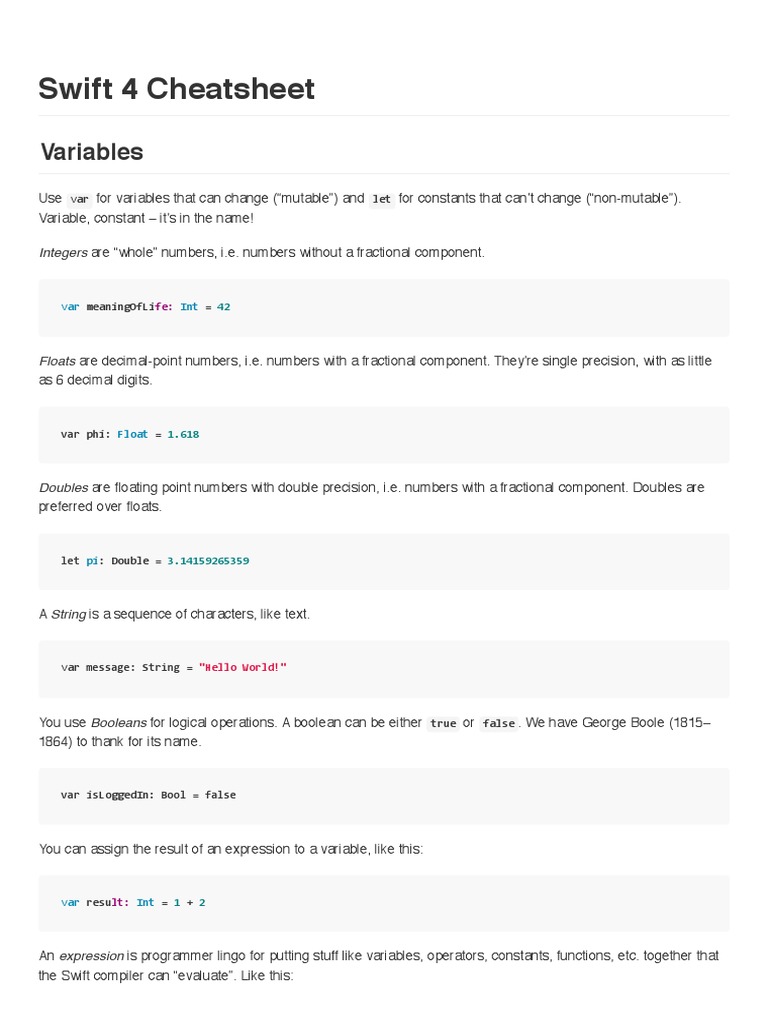 Swift 4 Cheatsheet Pdf Parameter Computer Programming Inheritance Object Oriented