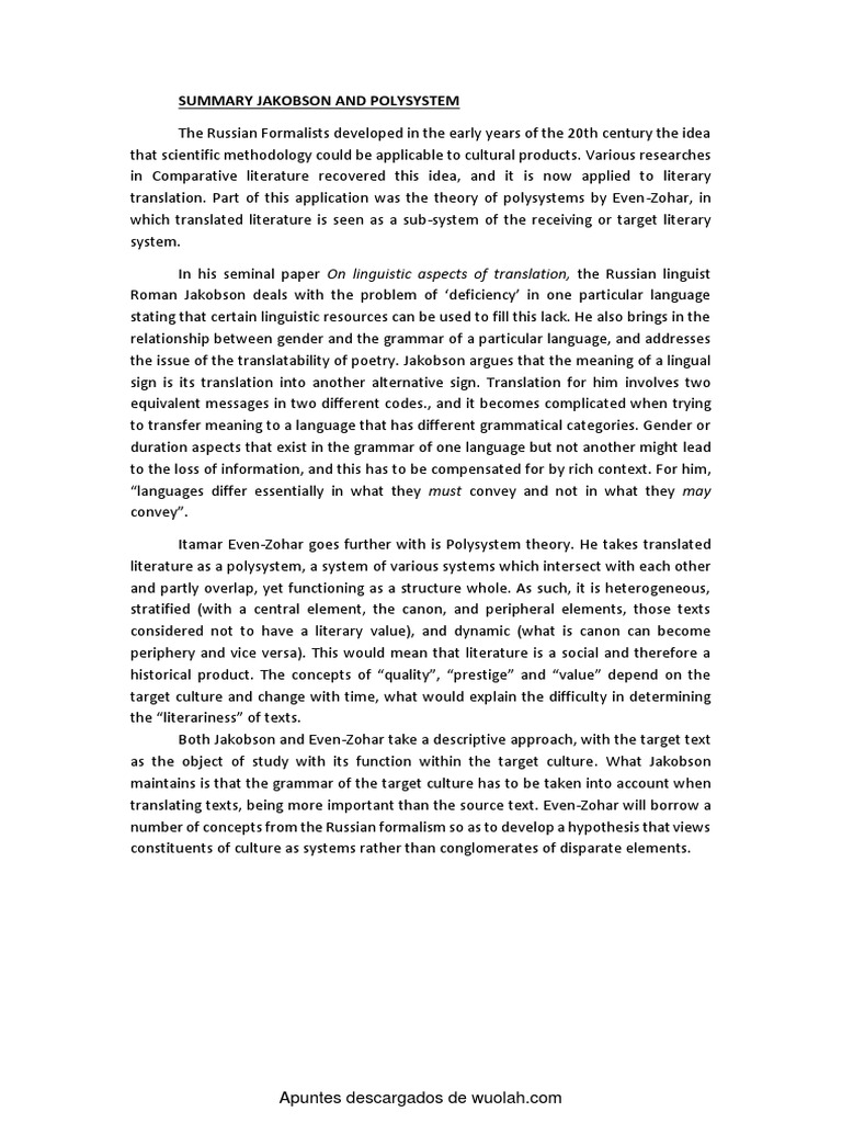Summary Jakobson and Polysystem Theory | PDF | Translations | Human ...