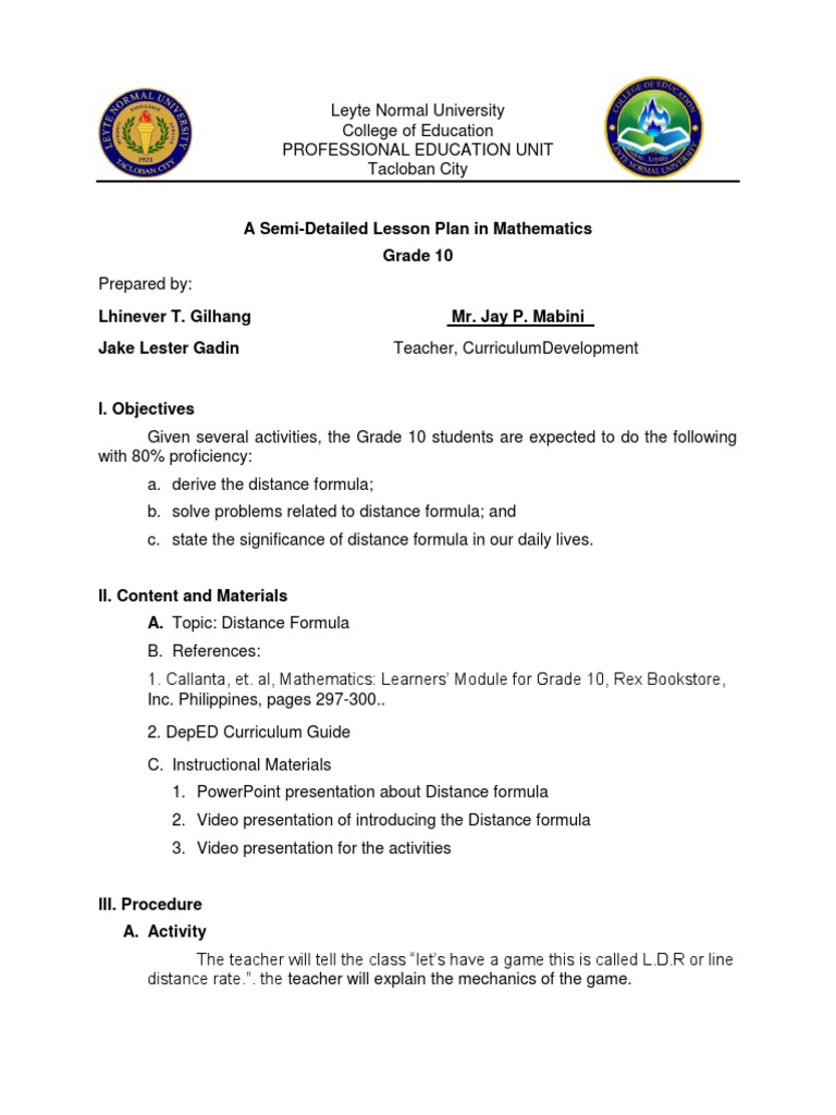 A Semi-Detailed Lesson Plan in Mathematics Grade 10 | PDF | Lesson Plan ...
