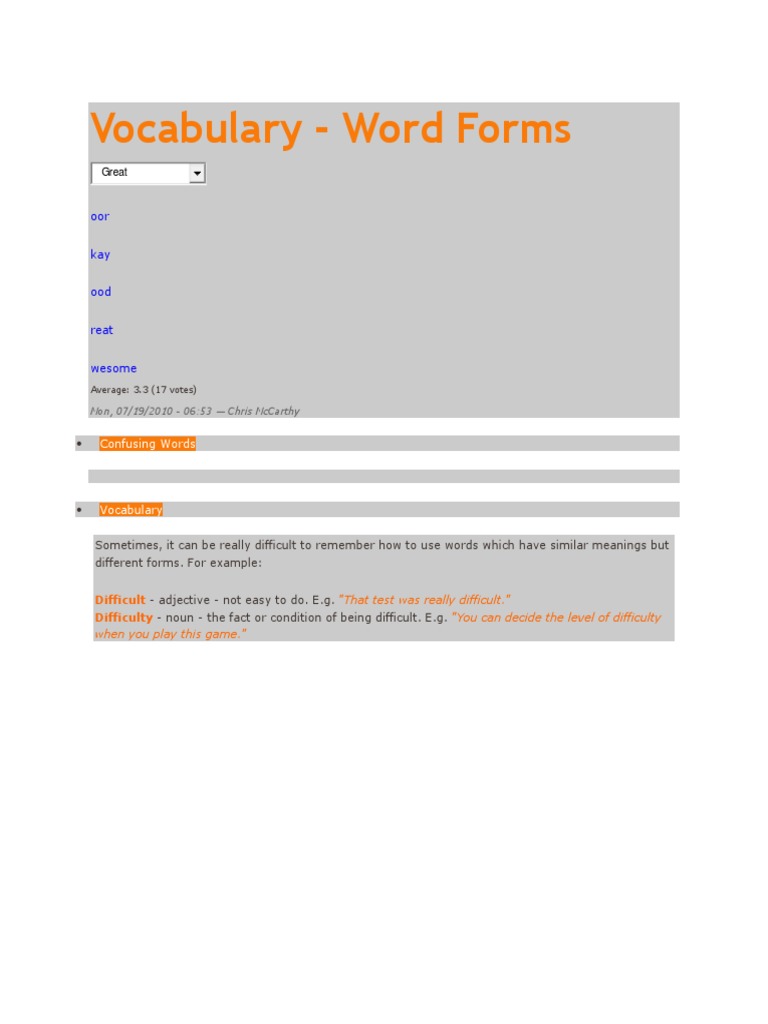 Word Forms: Difficult vs Difficulty | PDF