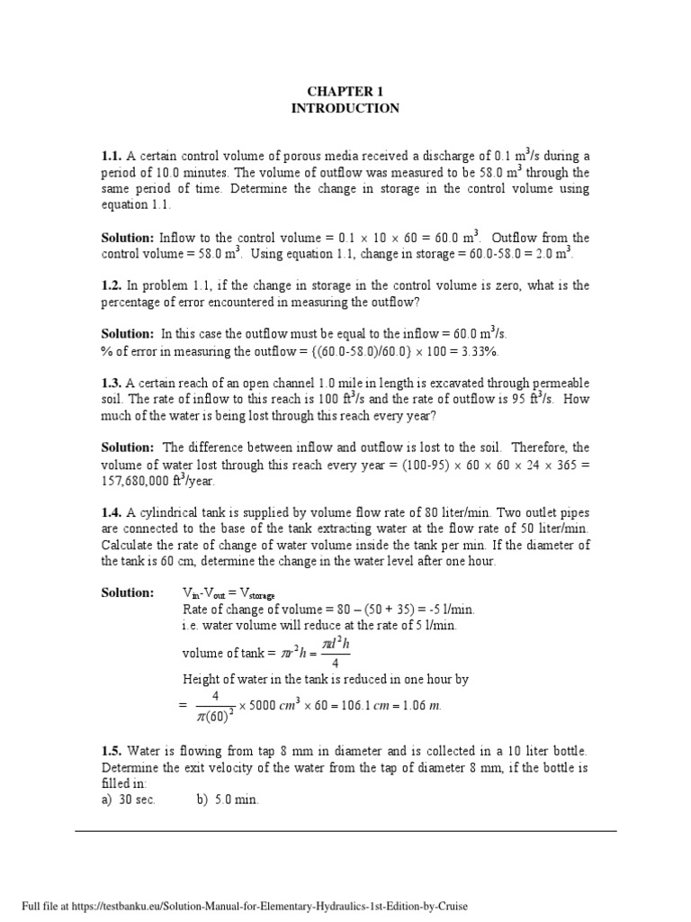 Solution Manual For Elementary Hydraulics 1st Edition by Cruise | PDF | Weight | Mass