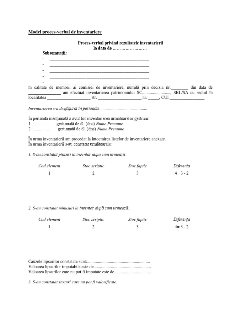 Model Proces-Verbal Inventariere 2024 | PDF | Finance & Money Management