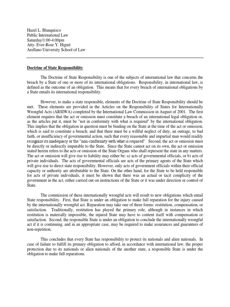 Doctrine of State Responsibility | PDF | Restitution | International Law