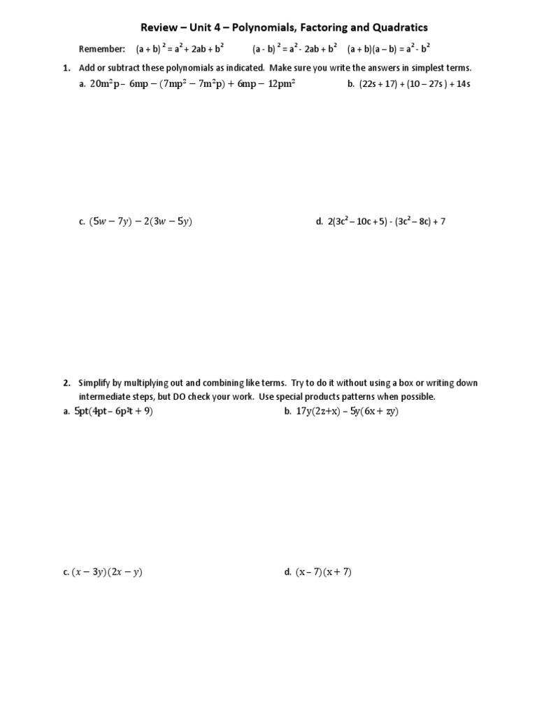 Unit 4 Review Assignment 1718 - Polynomials Factoring Quadratics | PDF ...