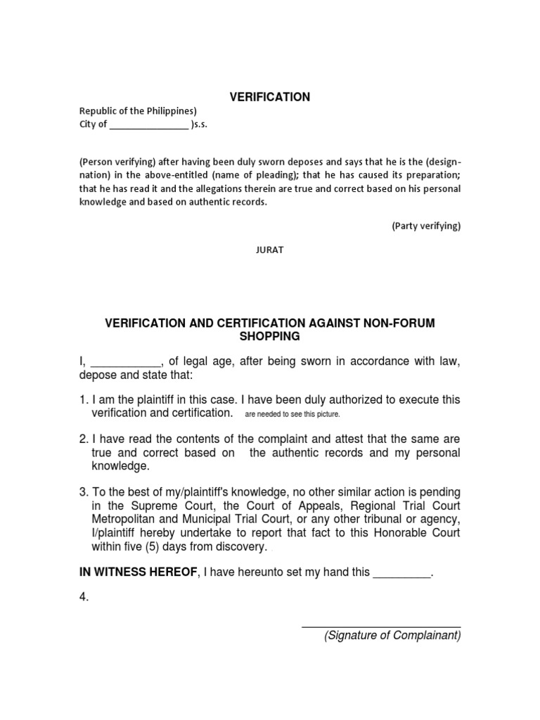 Verification and Certification Against Forum Shopping Document for a Civil Complaint | PDF