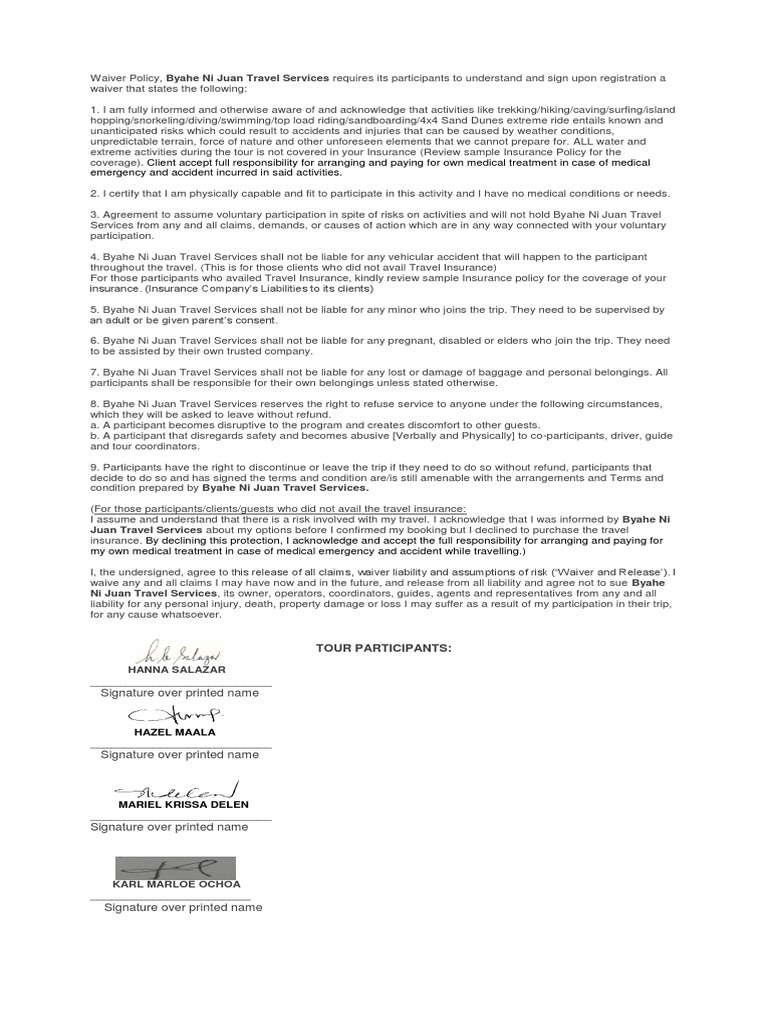 Byahe Ni Juan Travel Services Waiver and Release of Liability for Tour ...