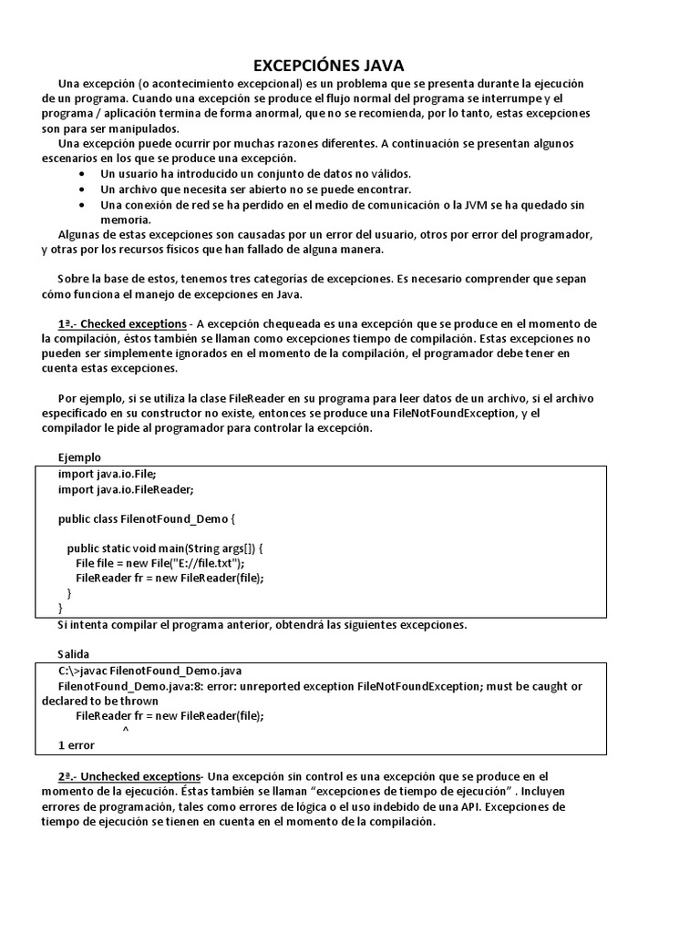 Excepciónes Java | PDF | Java (lenguaje de programación) | máquina virtual de Java