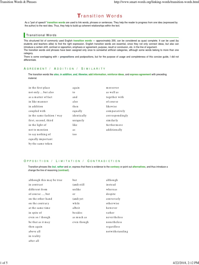 Transition Words & Phrases | PDF | Sentence (Linguistics) | Phrase