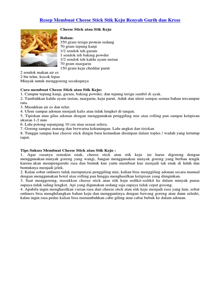 Resep Membuat Cheese Stick Stik Keju Renyah Gurih Dan Kress | PDF Resep Membuat Cheese Stick Stik Keju Renyah Gurih Dan Kress | PDF