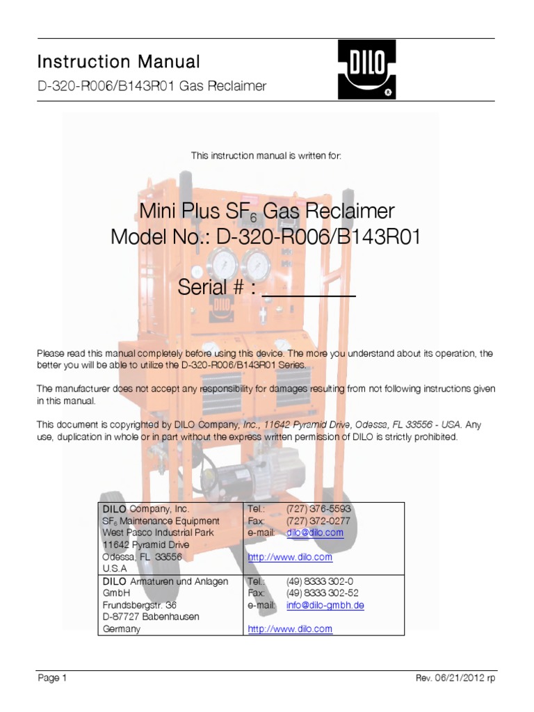 DILO Manual - SF6 Gas Reclaimer | PDF | Valve | Vacuum