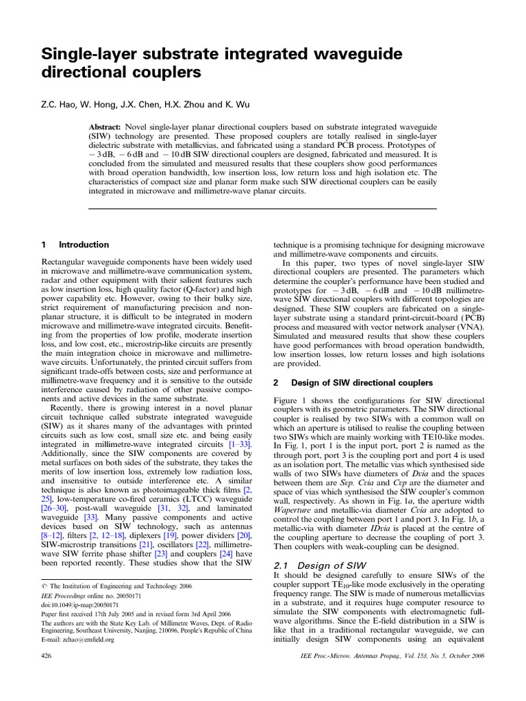 Single-Layer SIW Directional Couplers | PDF | Waveguide | Aperture