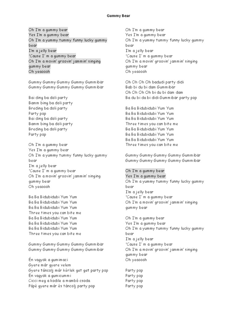 Gummy Bear Lyric | Bears | Musical Compositions