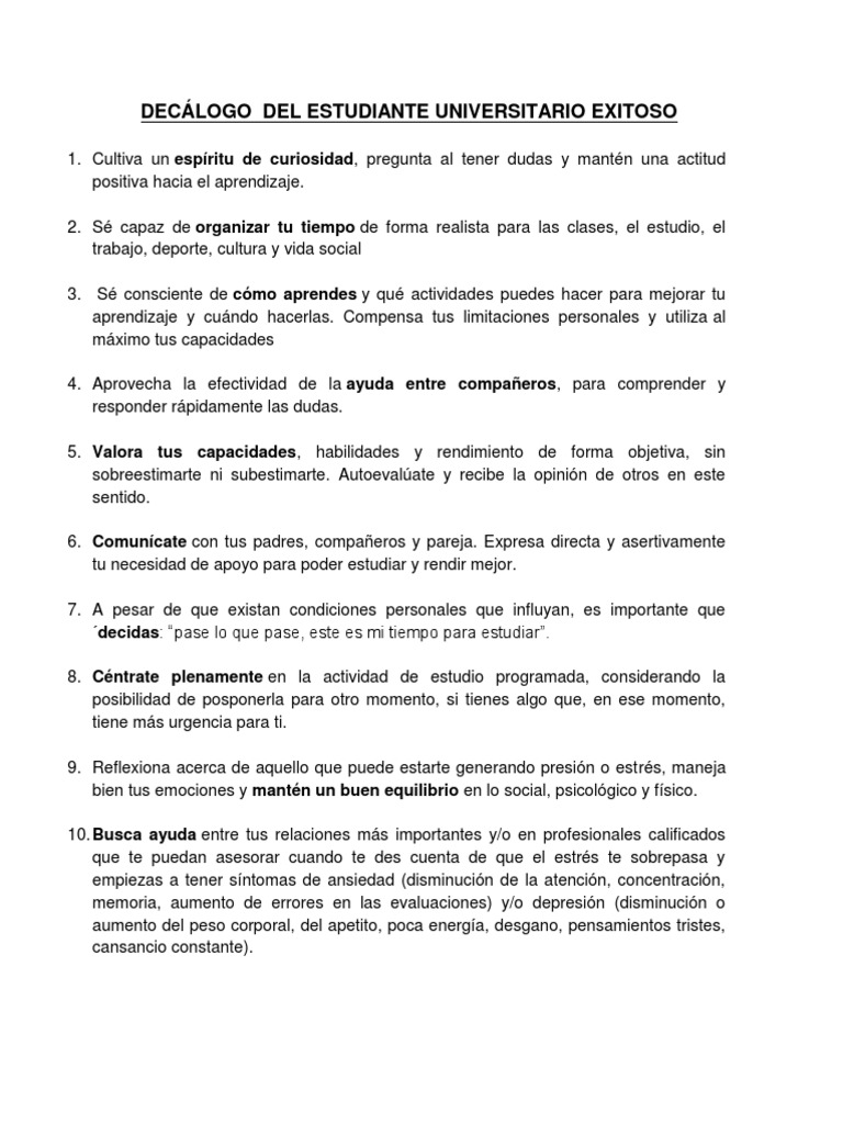 Decálogo Del Estudiante Universitario Exitoso | PDF