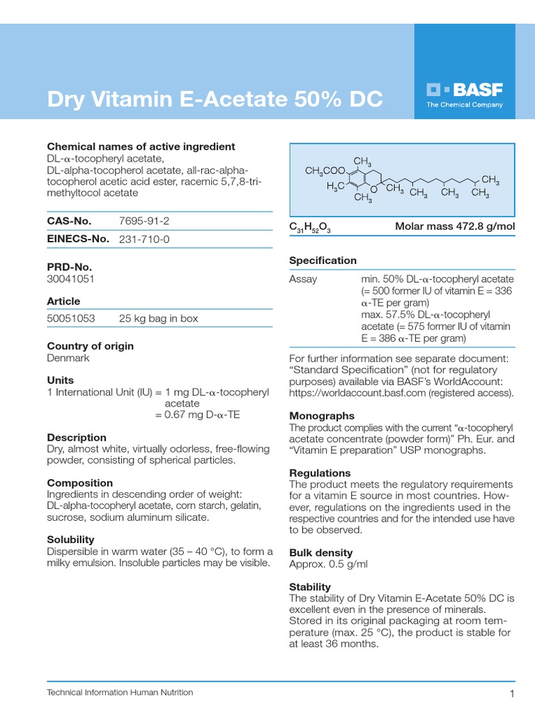Basf Dry Vitamin E-Acetate 50 DC Pds | PDF | Vitamin E | Acetate Basf Dry Vitamin E-Acetate 50 DC Pds | PDF | Vitamin E | Acetate