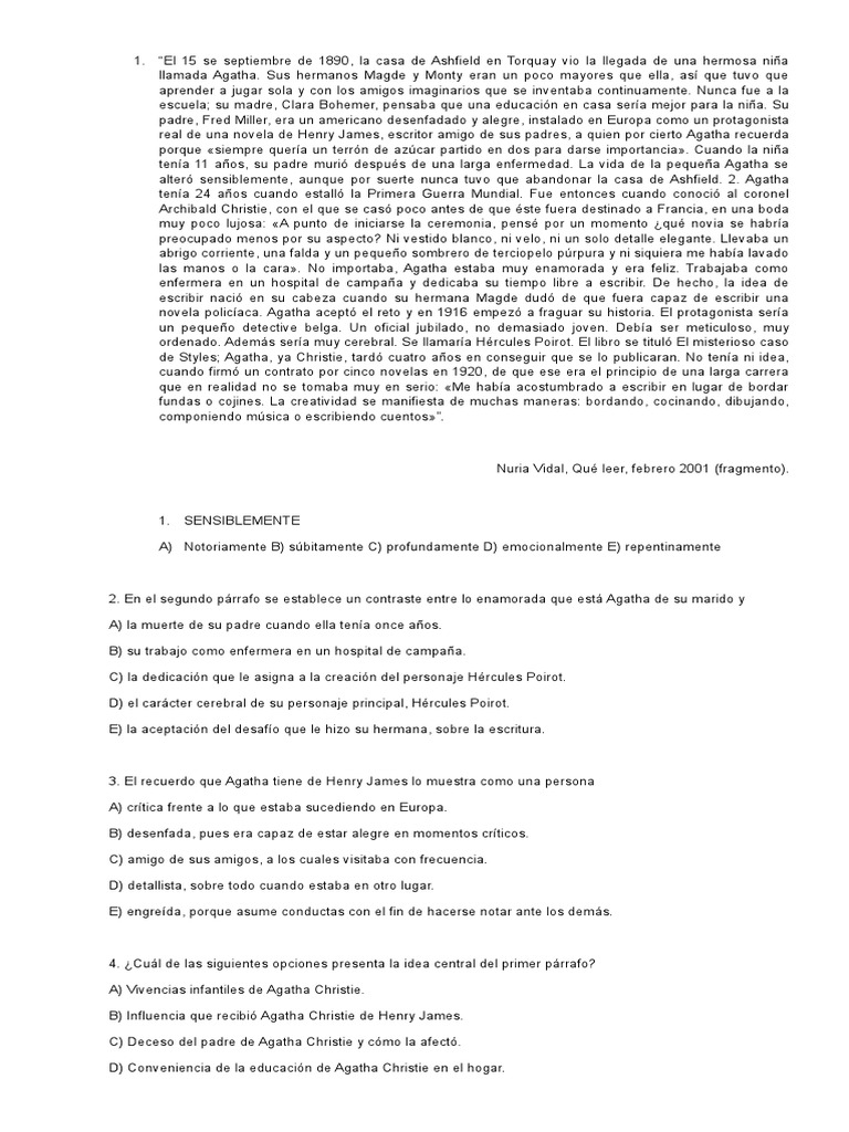 Comprensión Lectora 2018 | PDF | Agatha Christie | Poirot Hercule