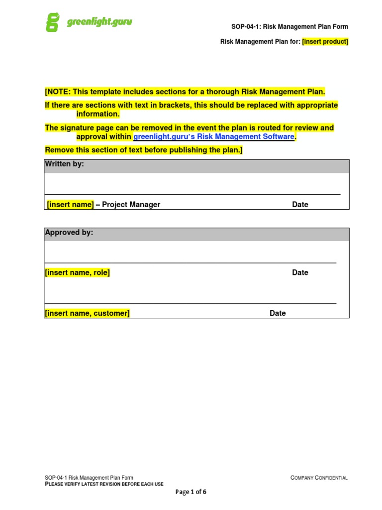 Risk Management Plan Form Alignment With Greenlight - Guru | PDF | Risk ...