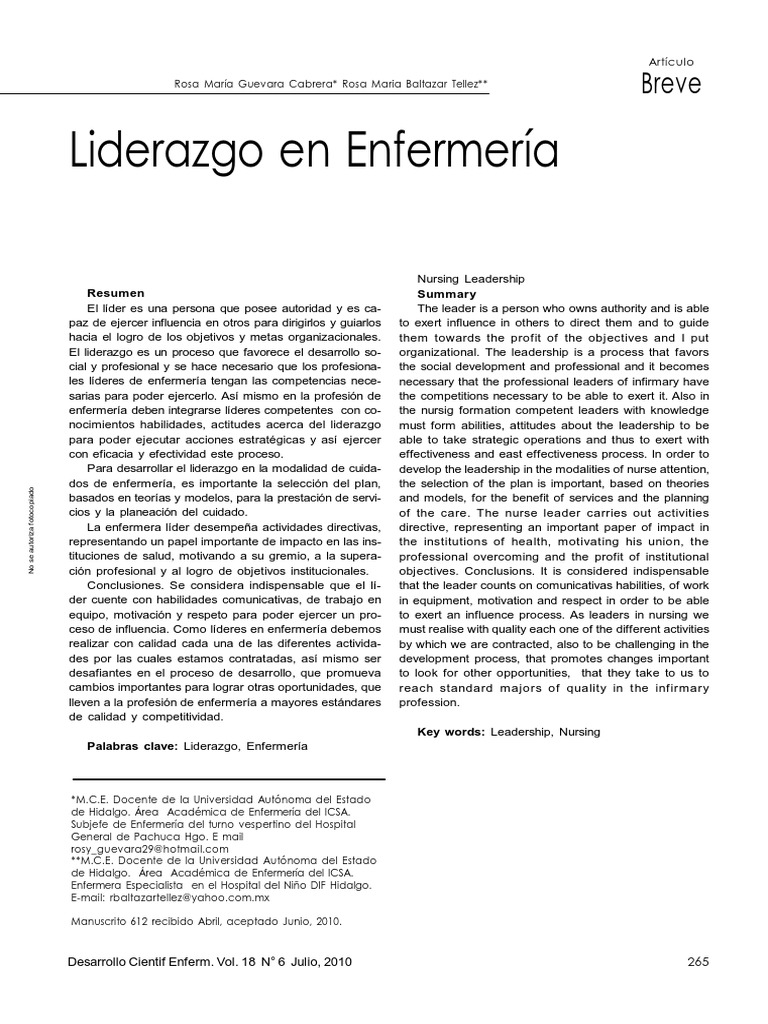 Liderazgo en Enfermeria | PDF | Liderazgo | Enfermería