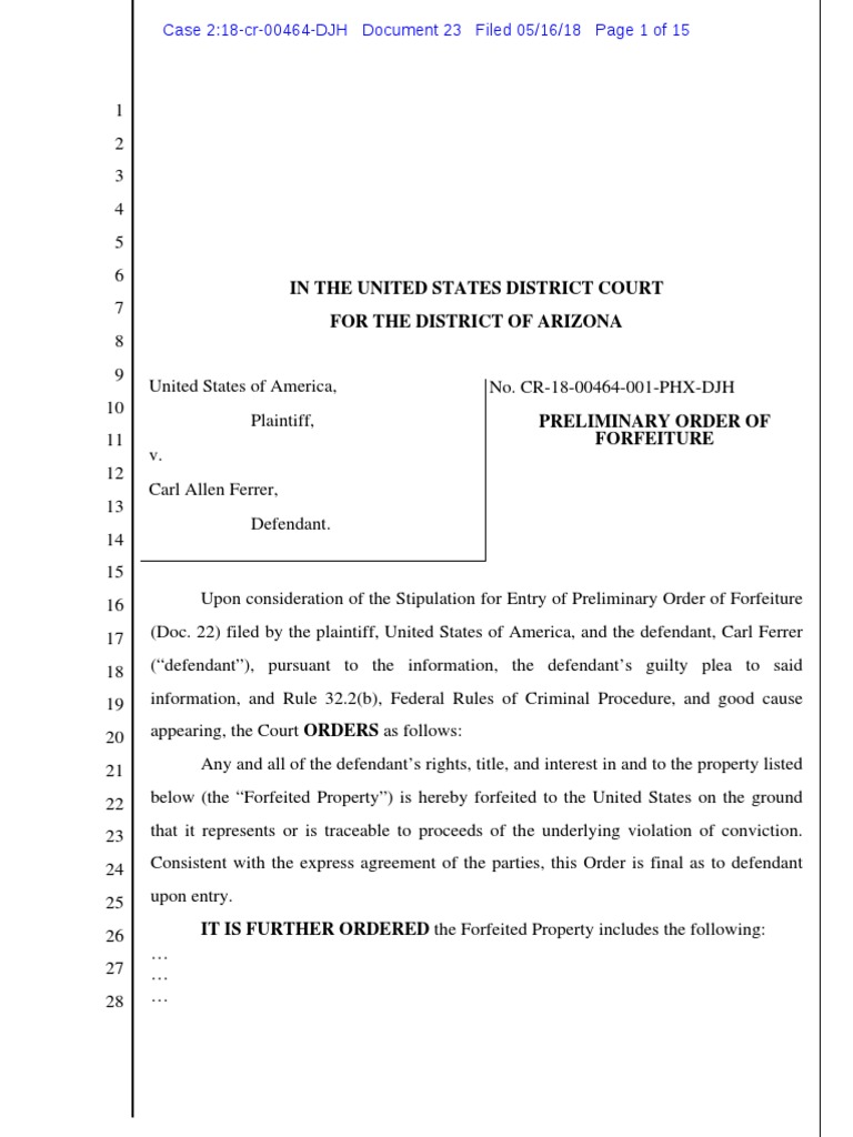 Order-Preliminary Order of Forfeiture | PDF | Asset Forfeiture | Legal ...