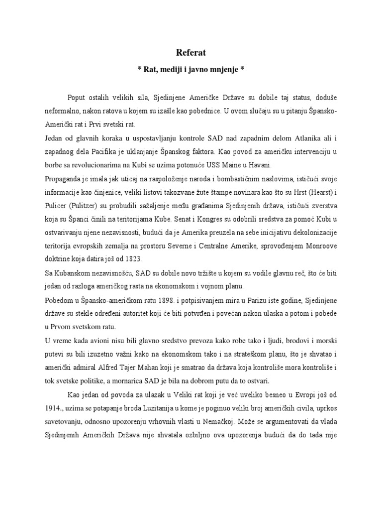 Referat: Rat, Mediji I Javno Mnjenje | PDF