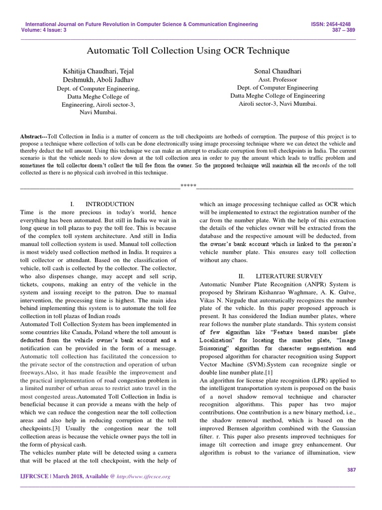 Automatic Toll Collection Using OCR Technique | PDF | Toll Road | Optical Character Recognition