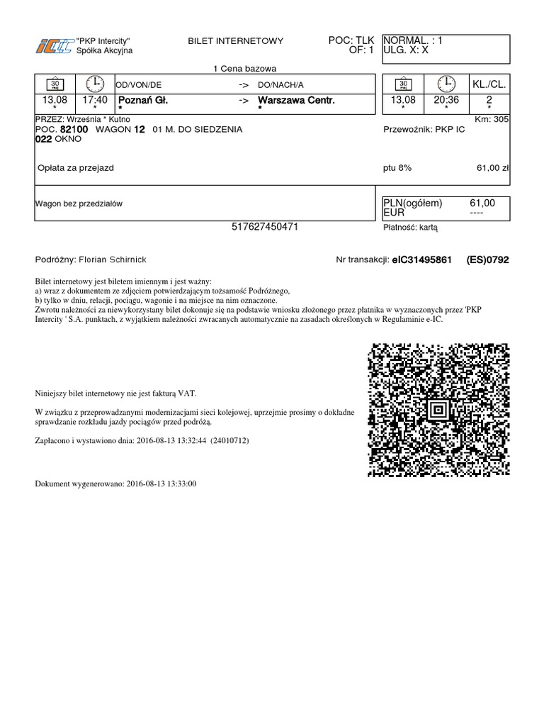 Poc: TLK OF: 1 Normal.: 1 Ulg. X: X: Bilet Internetowy | PDF