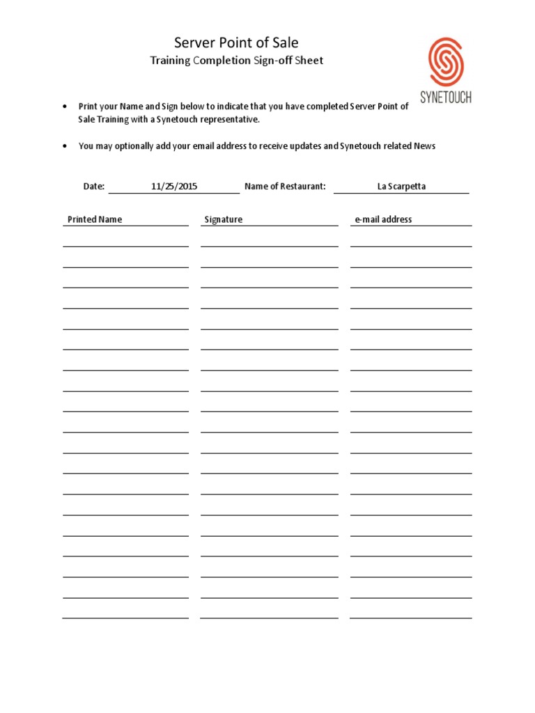 Server POS Training Sign-off Sheet | PDF | Finance & Money Management