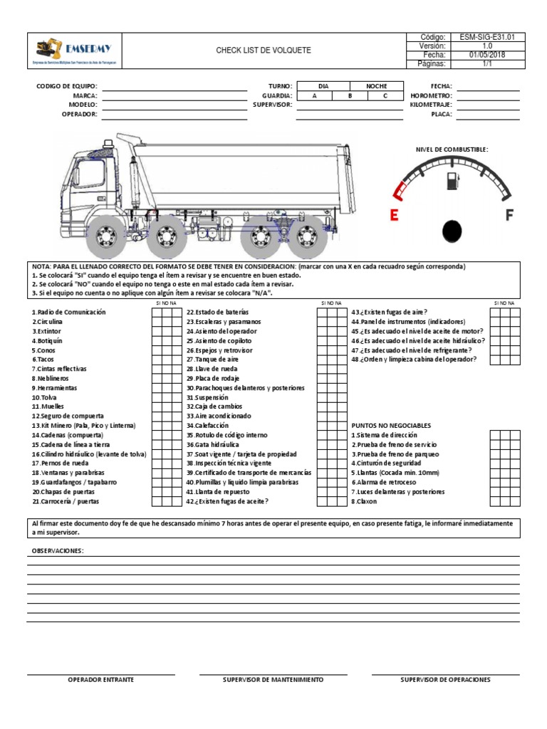 Esm-Sig-E31.01 Check List de Volquete | PDF | Vehículos de ruedas | Coche