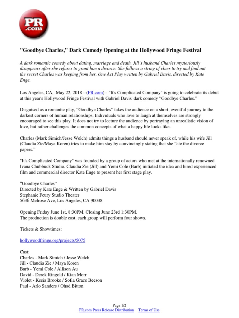 "Goodbye Charles," Dark Comedy Opening at The Hollywood Fringe Festival ...