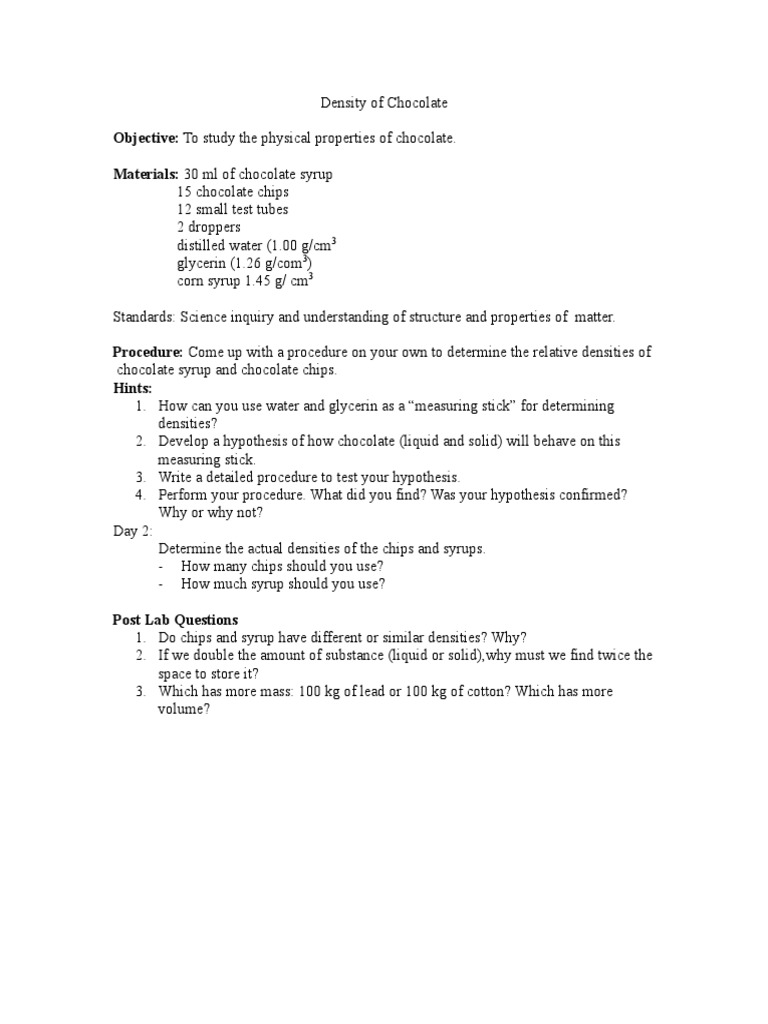 Chocolate Density Experiment | PDF | Wellness