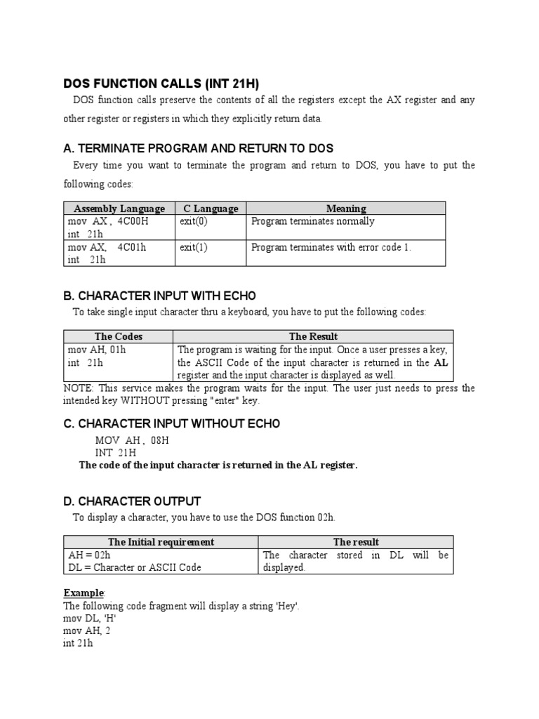 Dos Function Calls (Int 21H) : A. Terminate Program and Return To Dos | PDF | String (Computer ...
